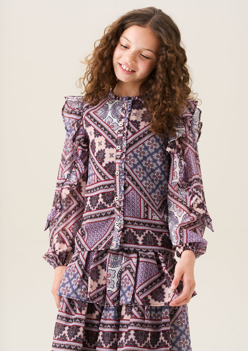Girls Purple Boho Print Frill Sleeve Blouse | Angel & Rocket ...